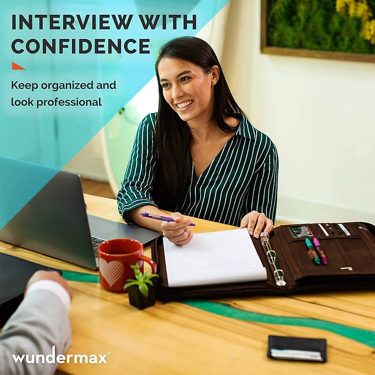 Wundermax 13x10.7x1.9in Vegan Leather Padfolio for Men/Women with Handle, Zipper, Notepad, Detachable Binder, Tablet Pocket - Brown