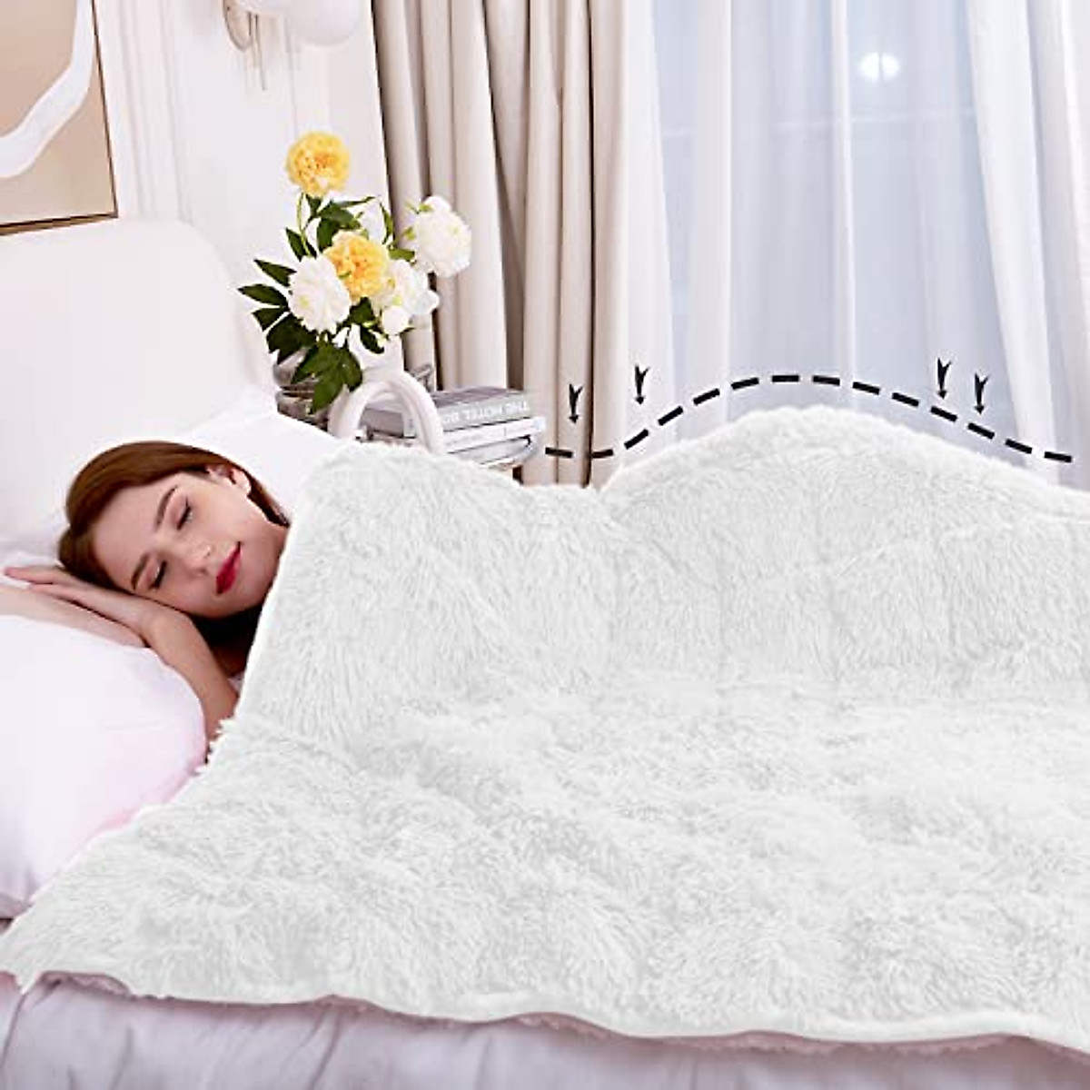 Yescool Faux Fur Weighted Blanket 60"x80" 20lbs,Fuzzy Cozy Shaggy Weighted Blanket Queen Size for Adult，Fluffy Sherpa Comfy Heavy Blanket for Women Men,Warm Soft Plush White Blanket for Couch Sofa Bed