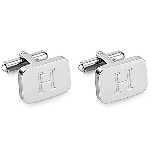 18K White-Gold Plated Initial Engraved Stainless Steel Men’s Cufflinks With Gift Box -Personalized Alphabet Letter’s A-Z By Lux & Pair (H- White Gold)