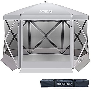 XGEAR 6 Sided Pop Up Camping Gazebo 11.5’x11.5’ Instant Canopy Tent Sun Shelter Screen House with Mosquito Netting, for Patio, Backyard, Outdoor,Grey