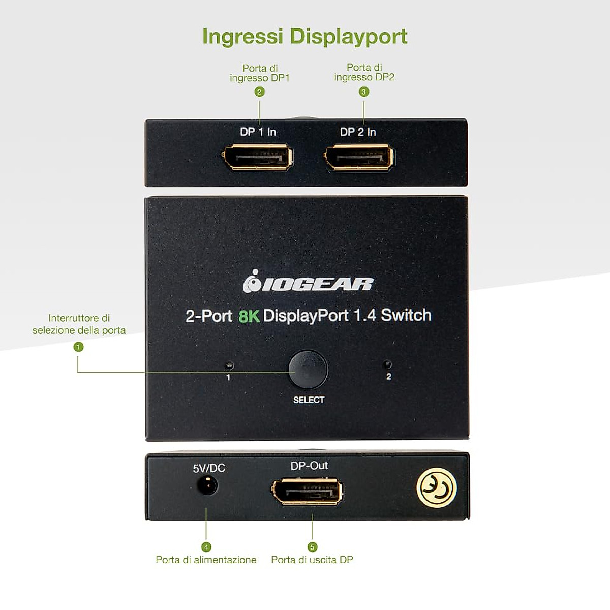 IOGEAR DisplayPort 1.4 Switcher 8K 60Hz - 2 Port Converter 2 in to 1 Out - HD Audio - GDP14SW2