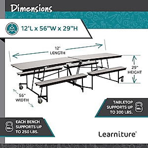 Learniture Mobile Bench Cafeteria Table for Schools and Lunch Rooms, Heavy-Duty Rolling Cafeteria Table with Benches and Casters, Gray/Black