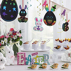 [48+48+12], Linkbro Easter Scratch Crafts Art Kit, Colorful Rainbow Scratch Paper Card, Easter Egg Bunny Chick Shape with Ribbons Wooden Scratch Tools abd Envelopes for Easter Party Egg Hunt Game