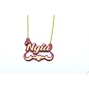 Name Necklace Plate Personalized Custom Nameplate and 2.5" Bamboo Gold Earrings With Swirls Heart and Crown on Top Jewelry Set Color Choice Laser Cut Gold Script Cursive Letters, Quality Gold Chain