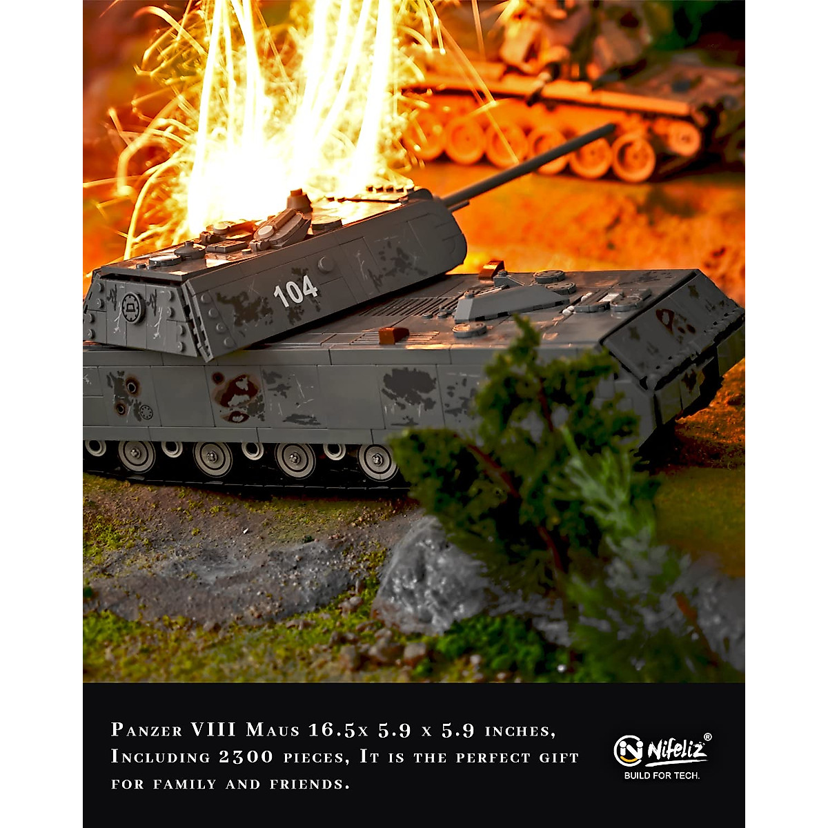 Nifeliz WW2 Military Panzer VIII Maus MOC Building Blocks and Engineering Toy, Adult Collectible Model Tanks Kits to Build, Boy Toys for Christmas and Birthday Gifts, New 2023 (2300 Pieces)