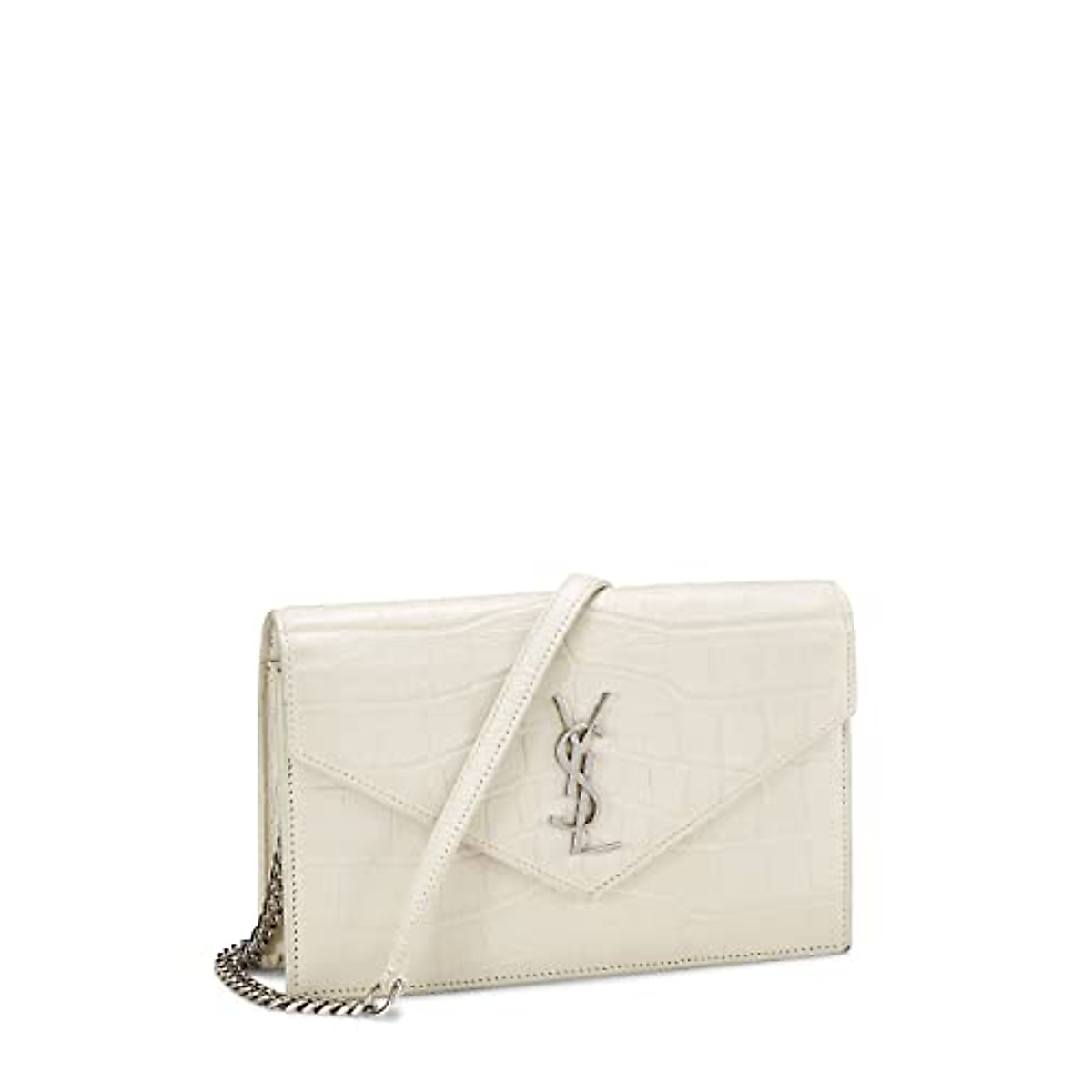 Yves Saint Laurent, Pre-Loved White Grained Calfskin Envelope Wallet-On-Chain (WOC), White
