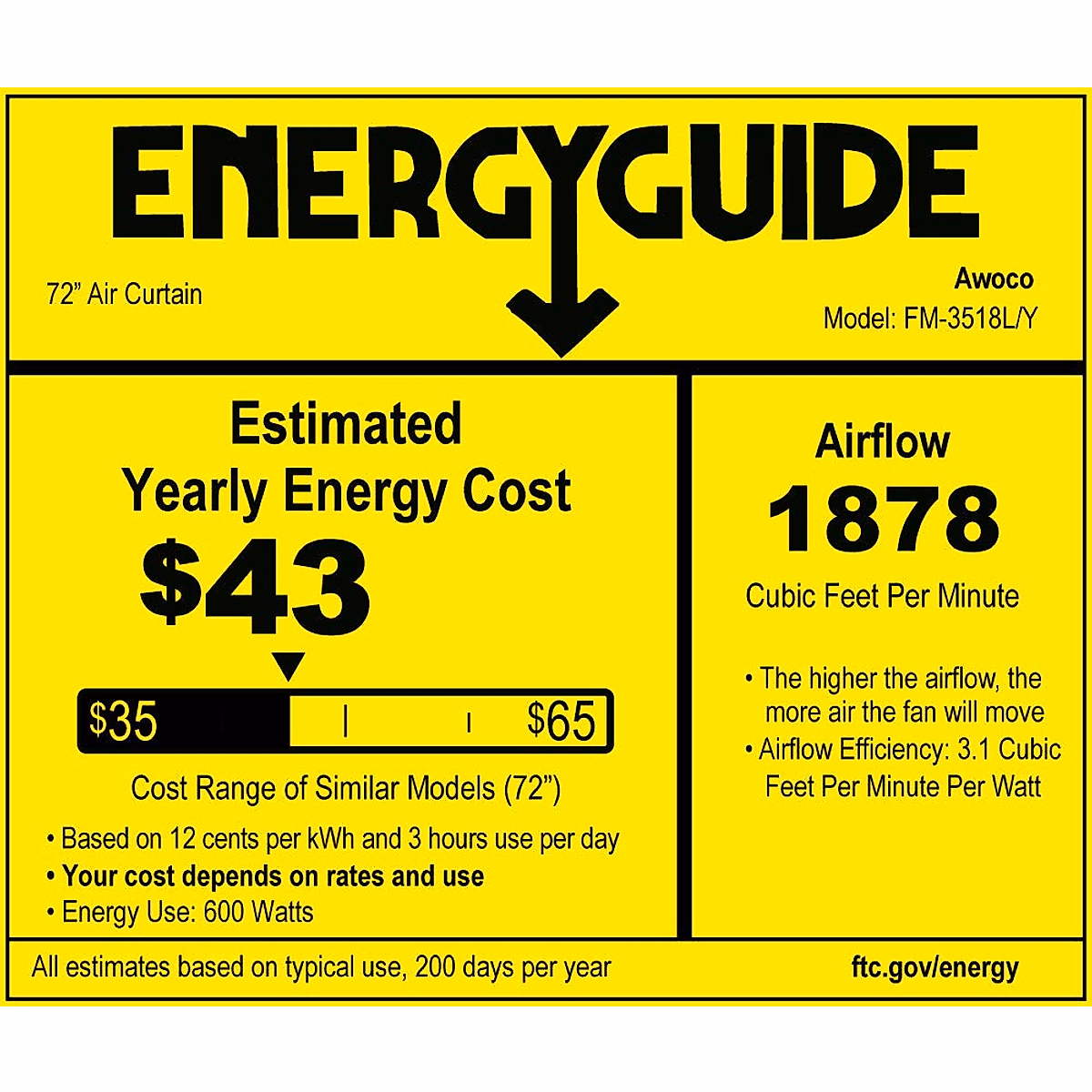 Awoco 72" Elegant 2 Speeds 1800CFM Commercial Indoor Air Curtain, CE Certified, 120V Unheated - Door Switch Included