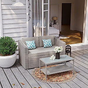 COSIEST 2-Piece Patio Furniture Set, All-Weather Outdoor Wicker Loveseat Conversation Set w Warm Gray Cushions, Glass Coffee Table, 2 Teal Pattern Pillows for Deck, Backyard, Pool