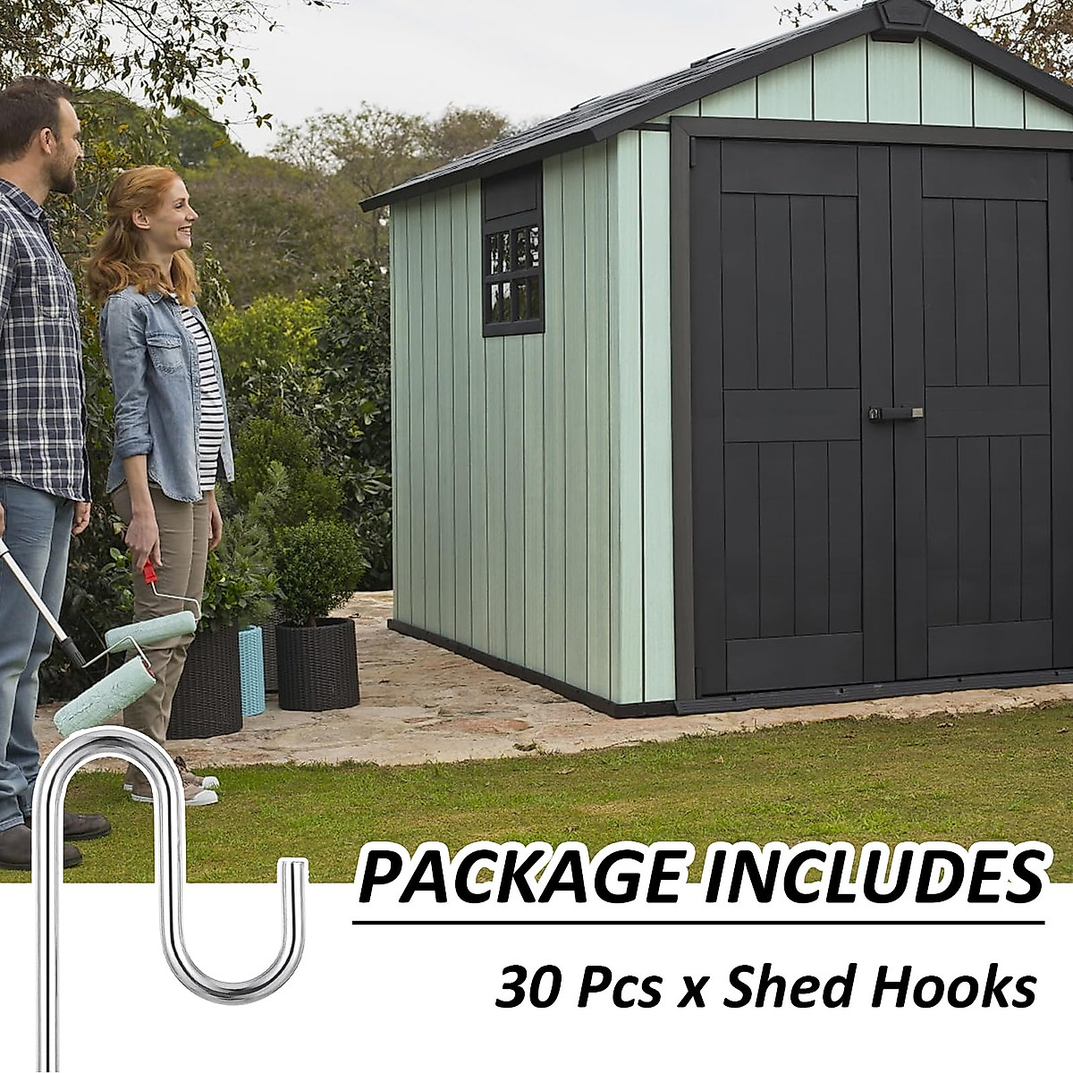 30 Pcs Long Shed Hooks for Hanging Heavy Duty Individual Utility Hooks Universal Wall Mounted J Utility Hangers for Tools Shovels Rakes Bikes Organization