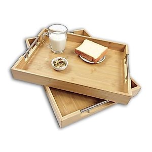 DE'VELO Modern Bamboo Serving Trays with Metal Handles – Set of 2 Nests – Large and Small Trays Set for Food, Ottoman Décor & More – Ideal for Breakfast - Natural Color