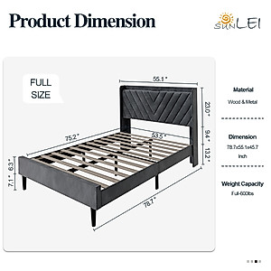 SUNLEI Bed Frame with Wingback Storage Headboard, Full Size Bed Frame with Charging Station and Velvet Fabric, Strong Wood Slats, Easy Assembly, No Box Spring Needed, Light Grey…
