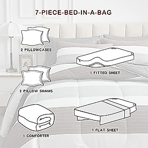 Joyreap 7 Piece Bed in a Bag Full/Queen, Light Gray n Brown Stripes Design, Soft Microfiber Comforter Set for All Season (1 Comforter, 2 Pillow Shams, 1 Flat Sheet, 1 Fitted Sheet, 2 Pillowcases)