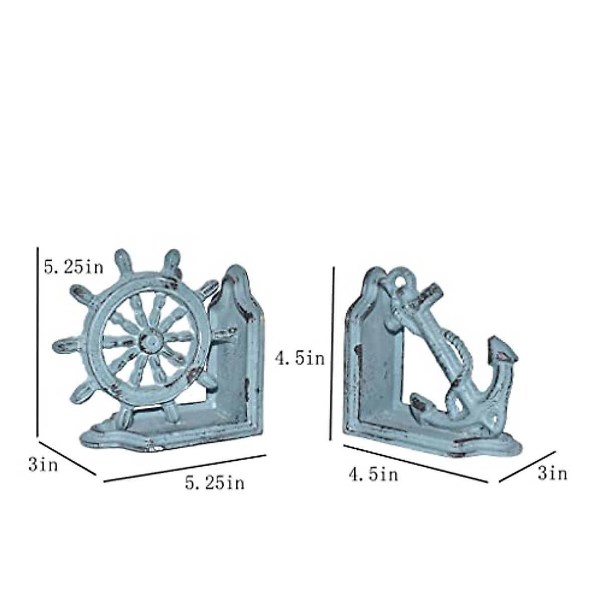 JUCONSIN Anchor Bookends, Antique Blue Nautical Ship Wheel and Anchor Decorative Bookends Set, Heavy Duty Cast Iron, Cute Bookends for Office Home Desk Bookrack Shelves