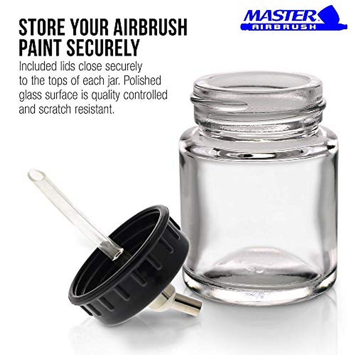 Master Airbrush (Pack of 10) TB-002 Empty 3/4 Ounce (22cc) Glass Jar Bottles with 30° Down Angle Adaptor Lid Assembly - Fits Dual-Action Siphon Feed Airbrushes, Use with Master, Badger, Paasche, Iwata