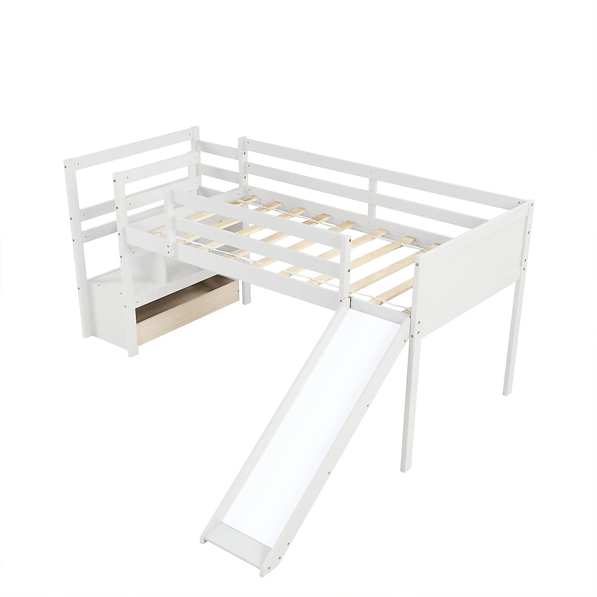Low Loft Bed with Slide and Stairs Twin Loft Bed with Storage Wood Bed Frame for Kids Teens Girls Boys， White