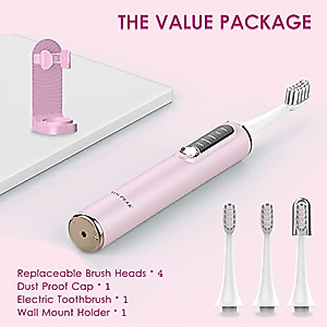 Adults Sonic Electric Toothbrush, Rechargeable Electric Toothbrush for Man Women, Couples Toothbrush with LED Mode Indicator, 30s Reminder, 2 Mins Timer, 5 Modes, 4 Brush Heads, Wall-Mount Holder