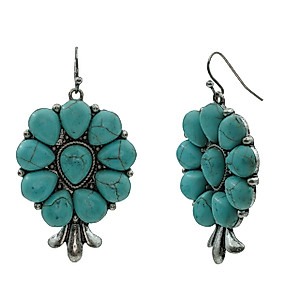 Turquoise Stone Squash Blossom Pendant Bib Statement Faux Navajo Pearl Necklace 20 Inch and French Hook Earrings (Silver Burnish/Turquoise)