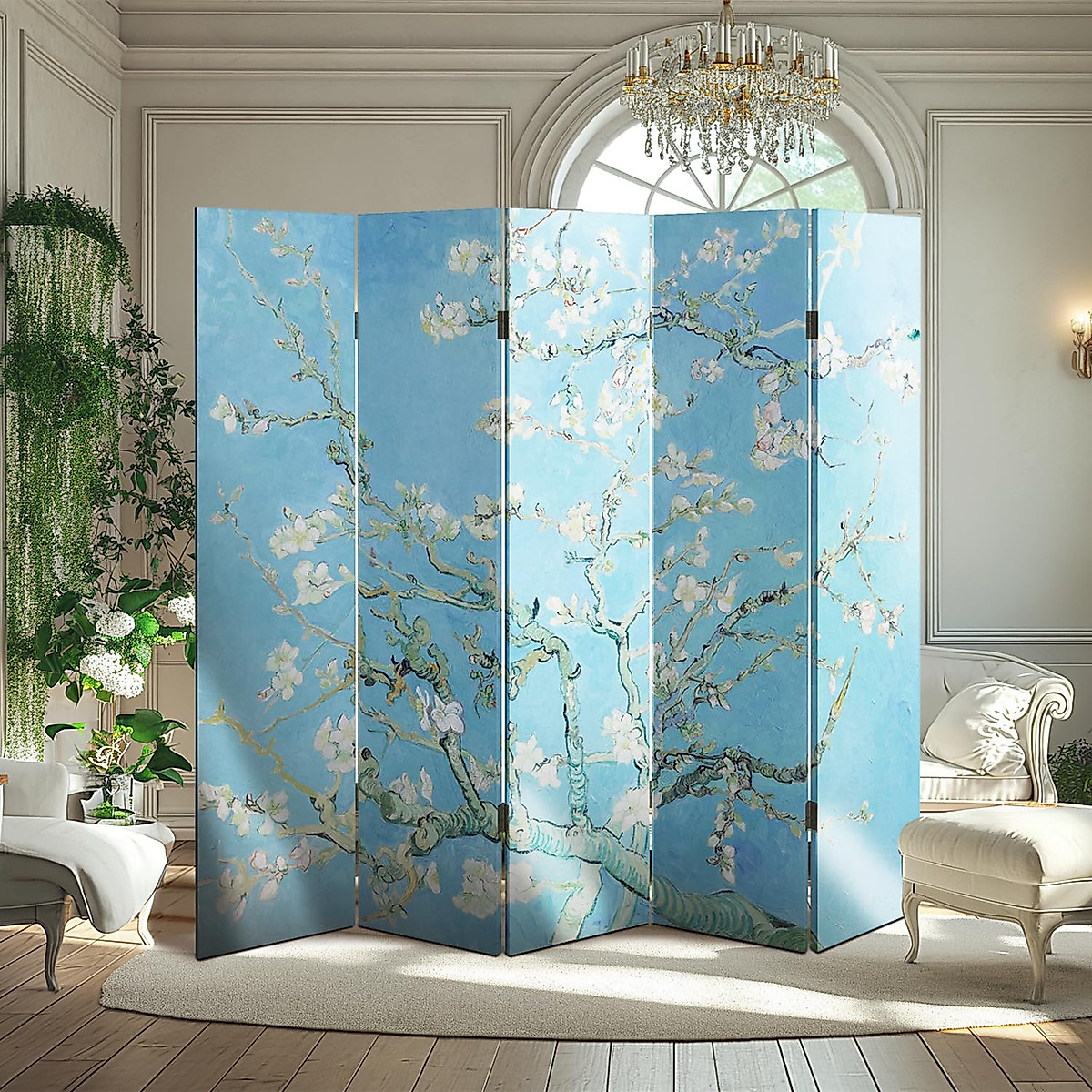 ARSTRIA 5-Panel Folding Room Divider Privacy Screen Van Gogh's Almond Blossoms Painting Canvas Foldable Portable Room Separating Divider Room Partition Freestanding Home Decor 71'' High
