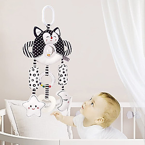 D-KINGCHY Baby Stroller Hanging Toy, Baby Toys 0-12 Months, Infant Toys Soft Plush Car Seat Toys with Teether Sound Wind Chimes, Black and White Toys for 0, 3, 6, 9, 12 Months (Fox)