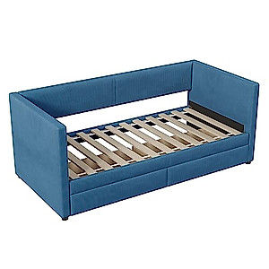 Merax Twin Size Corduroy Daybed with Two Drawers and Wood Slat,Sofa Bed Frame for Bedroom,Boys,Blue