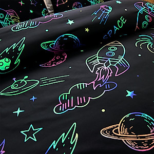 Aimuan Space Bedding Twin Bed Comforter Kids Rocket Bedding Set Super Soft & Cute Aliens UFO Printed for Boys Girls Teen (Black, Twin)