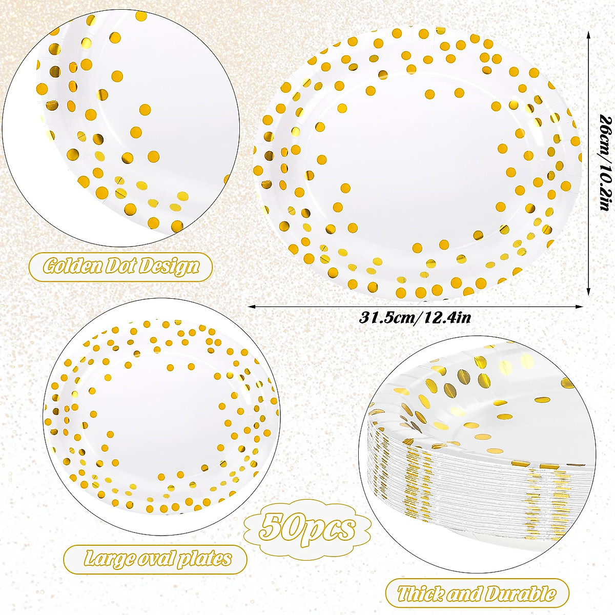 TWOWYHI 50PCS 12inch Oval Paper Plates White and Gold Disposable Paper Plates Dinner Plates for Party Graduation Wedding Anniversary Bridal Shower