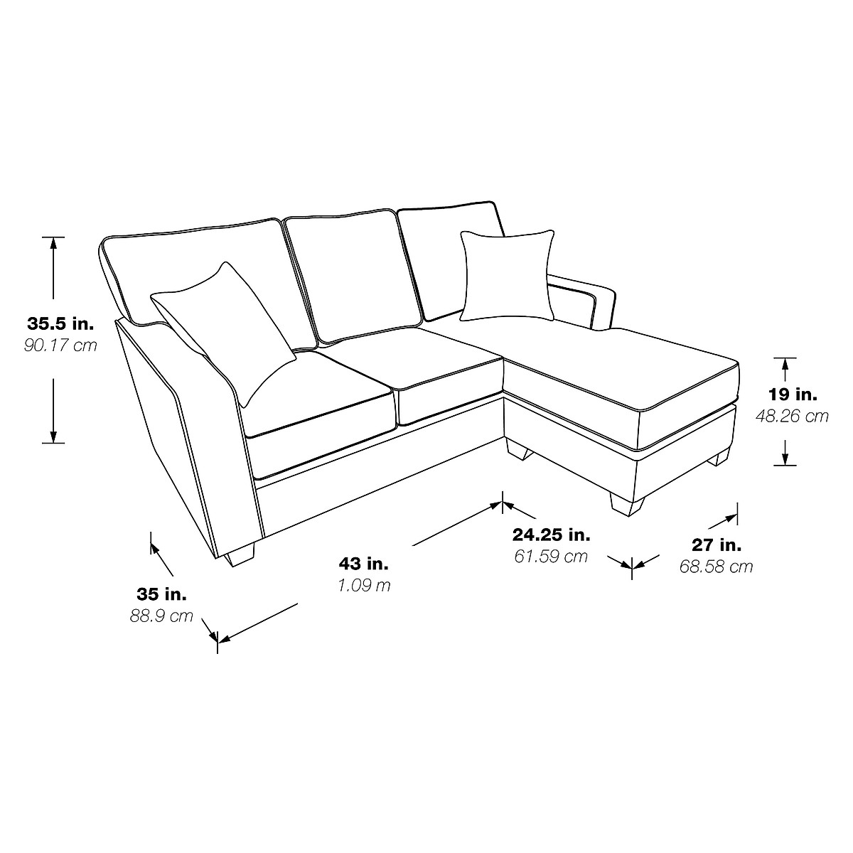 OSP Home Furnishings Ivory Fabric Russell Reversible Sectional Sofa with 2 Pillows and Coffee Finished Legs