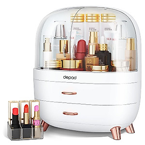 DEPAD Makeup Organizer Holder, Cosmetic Storage Box Skincare Organizer with 2-Layer Drawers, Waterproof and Dustproof Cosmetic Display Cases for Bedroom Dresser, Bathroom Countertop (White)