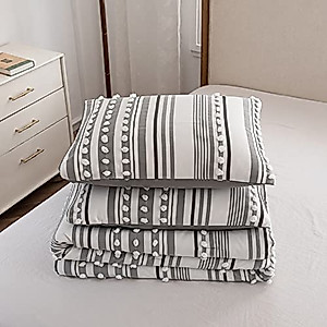 SLEEPBELLA Boho King Size Comforter Set, Grey and White Tufted Ball Pom Striped Design, Fluffy King Bed Comforter for All Seasons, Farmhouse Bedding 3pcs （1 Comforter with 2 Pillowcases）