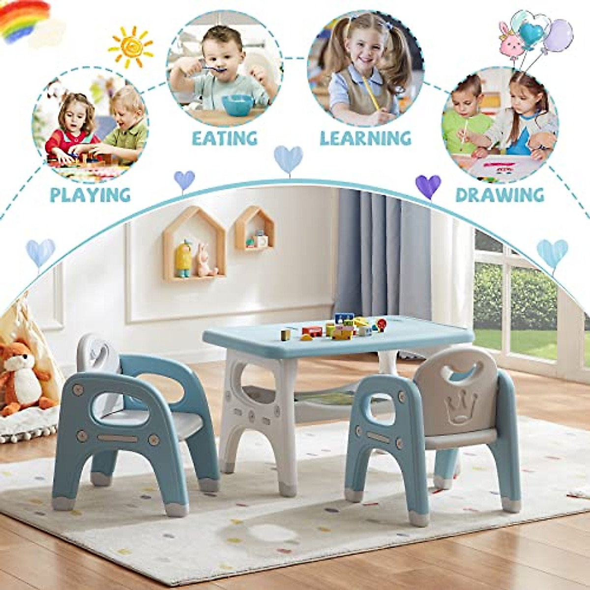 DOREROOM Kids Table and Chair Set, Plastic Children Activity Table with 2 Seats, Toddler Table and Chair Set for Reading, Drawing, Snack Time, Arts Crafts, Preschool, Gift for Boys Girls, Blue