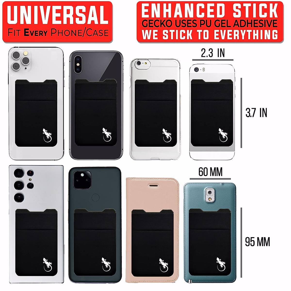 Double Pocket Gecko Phone Wallet - Smartphone Adhesive Card Holder - Cell Phone Pouch - Mobile Stick on Lycra Pocket by Gecko - Carry Credit Cards and Cash – (Black-White)