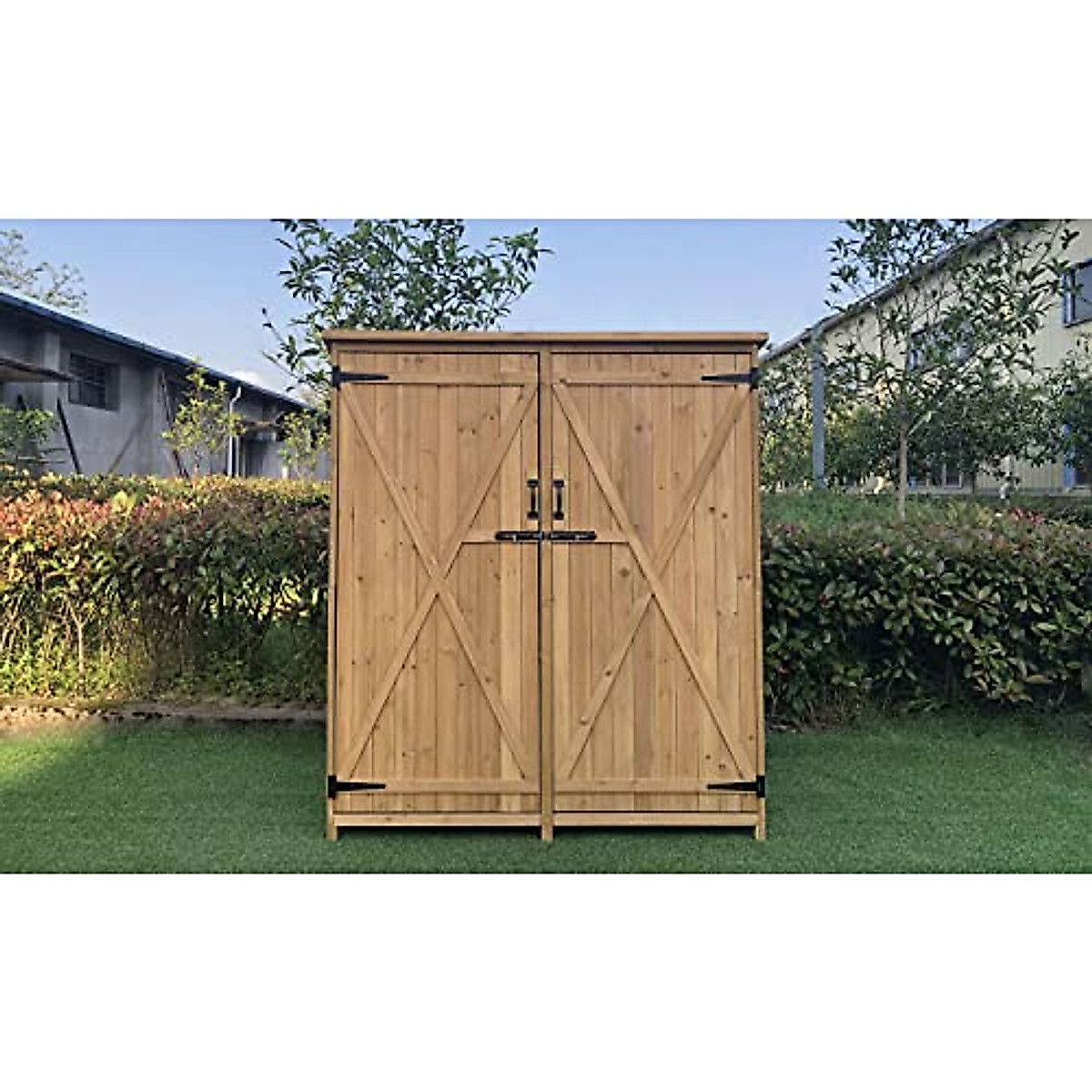 Hanover Outdoor Durable Double Door Wooden Shed for Tools and Garden Supplies with Shelf and Locking Latch, 36 Cu.Ft. Capacity (4.4' x 5' x 1.6'), Outdoor Storage for Backyard with Waterproof Roof