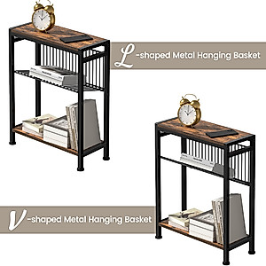 Small Side Table Set of 2 for Small Space, 3-Tier Narrow End Table with Magazine Holder, Slim Nightstand, Skinny Snack Couch Table in Living Room, Bedroom and Balcony (Rustic Brown &Black)