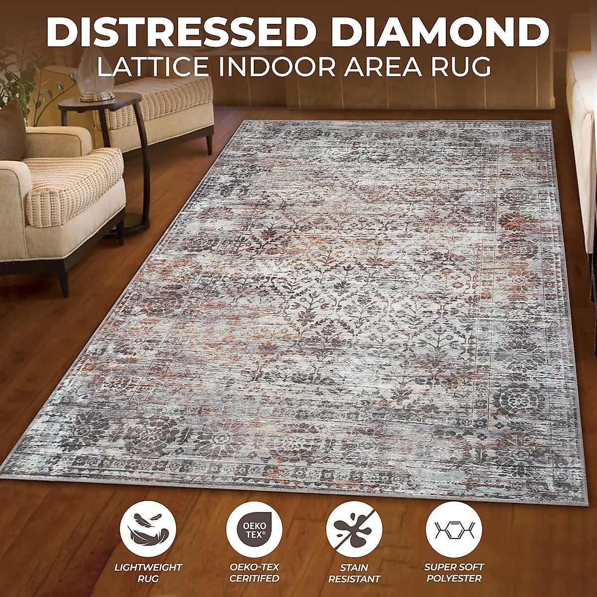 SUPERIOR Diamond Medallion Washable Rug, Cotton Backing, Pet & Kid Friendly, Easy Care, Non-Slip Rugs for Dining, Living Room, Kitchen, Bedroom, Low Pile Area Rug, Macaw Collection, 6' x 9', Cream