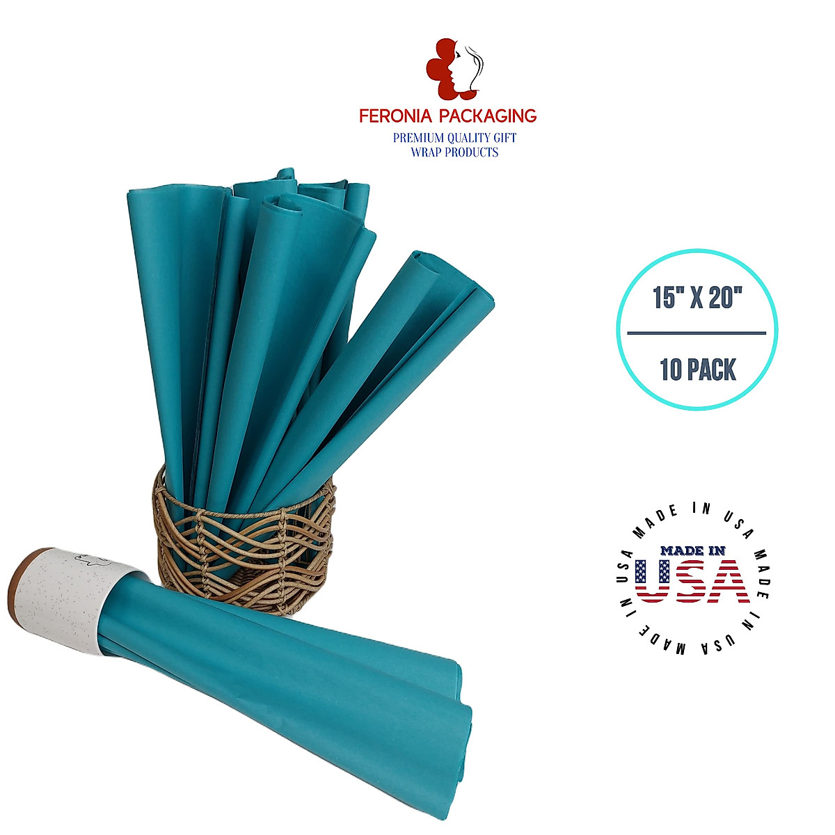 Feronia packaging Caribbean Teal Tissue Paper Squares, Bulk 10 Sheets, Premium Gift Wrap and Art Supplies for Birthdays, Holidays, or Presents, Large 15 Inch x 20 Inch Made in USA