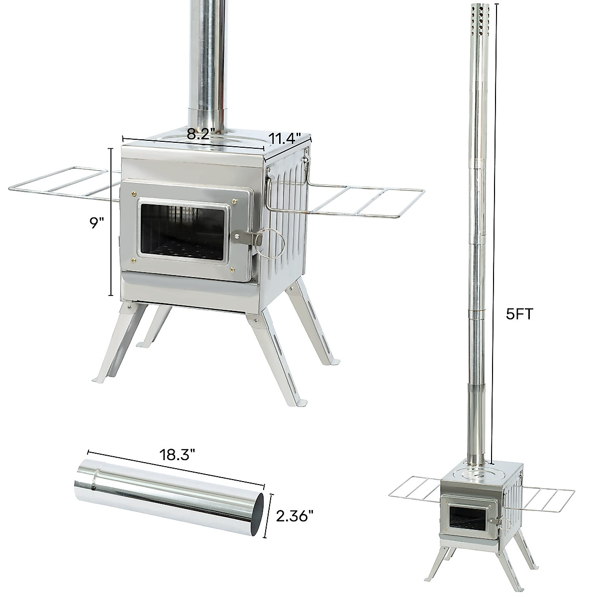 Fltom Camping Wood Stove, Portable Hot Tent Stove with Sectional Chimney Pipes, 304 Stainless Steel Wood Burning Stove for Tent Shelter and Cooking Heating
