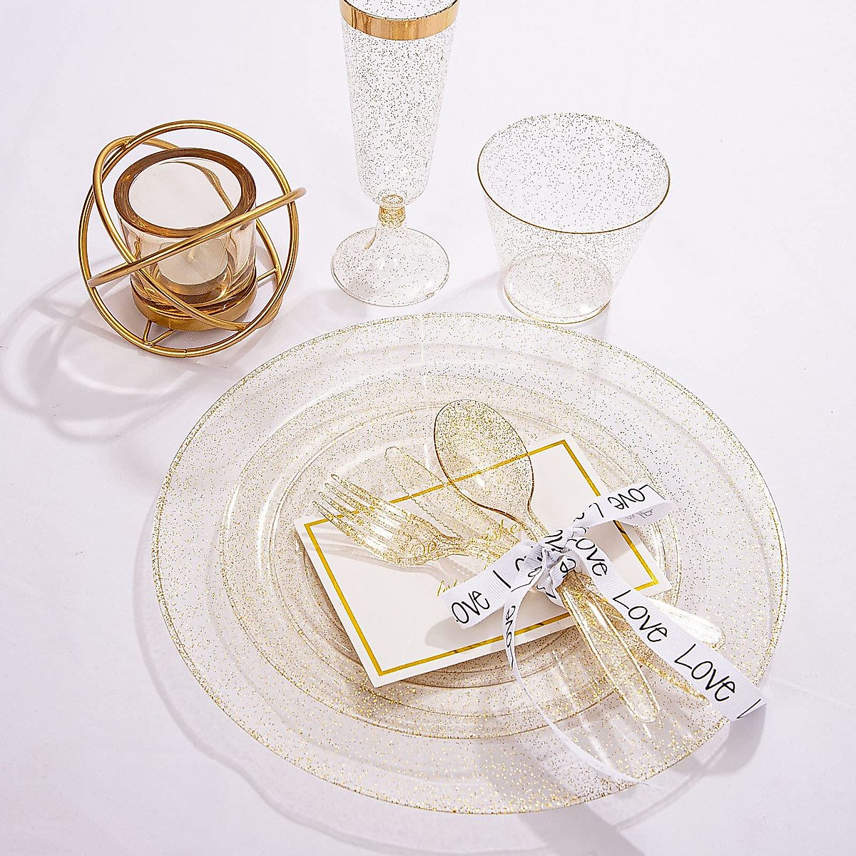 WDF 120PCS Gold Plastic Plates- Disposable Gold Glitter Plates, Premium Heavy Duty 60-10.25" Dinner Plates and 60-7.5" Salad Plates for Parties &Wedding