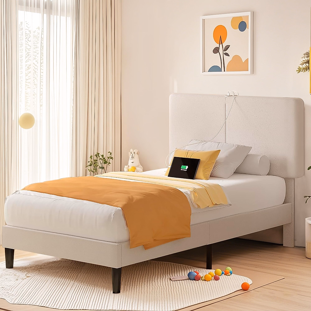 VECELO Twin Bed Frame with Type-C & USB Ports, Upholstered Platform Height-Adjustable Cotton and Linen Headboard, No Box Spring Needed, Noise-Free, Easy Assembly, Beige