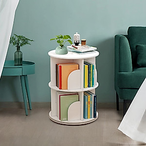 Cbhfmljd 2 Layers 360° Rotating Bookshelf, Round Bookcase Nordic Style 2 Tier Revolving Bookcase Freestanding Storage Shelf Stackable Shelves Bookshelf Organizer Round Bookshelf Living Room Bedroom