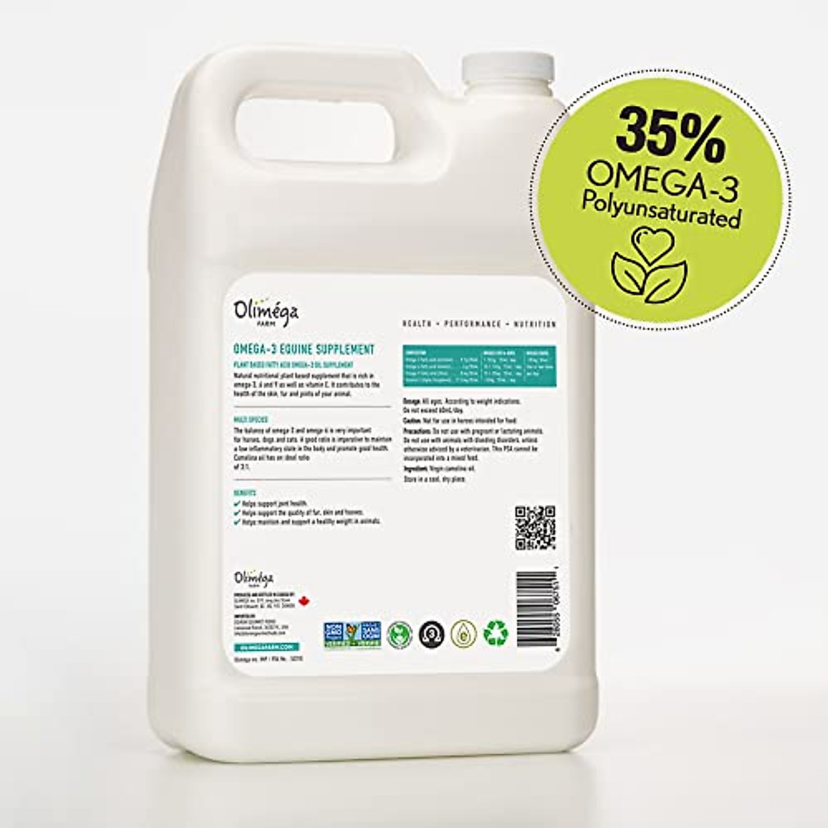 Virgin Camelina Oil for Equine, Dogs and Cats, 1 Gallon, Rich in Omega-3, 6, 9, Vitamin E, Fatty Acids. 100% Pure & Cold Pressed. Supports Skin, Coat, Joint Health. Product of Canada