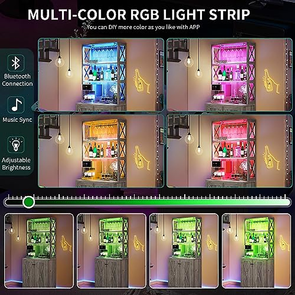 YITAHOME Bar Cabinets with LED Light, Coffee Bar Liquor Cabinet with Glass Holder, Tall Buffet Wine Cabinet with Storage for Kitchen, Dining Room, Rustic Grey Wash