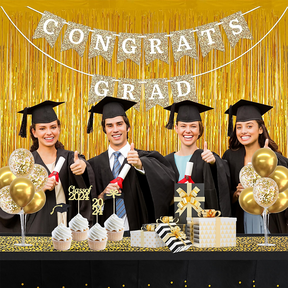 Melsan Disposable Table Cloth for Rectangle Tables, 3 Pack Black and Gold Plastic Table Cloths for Graduation, Retirement, 50th Birthday Party Decorations, 54×108 in