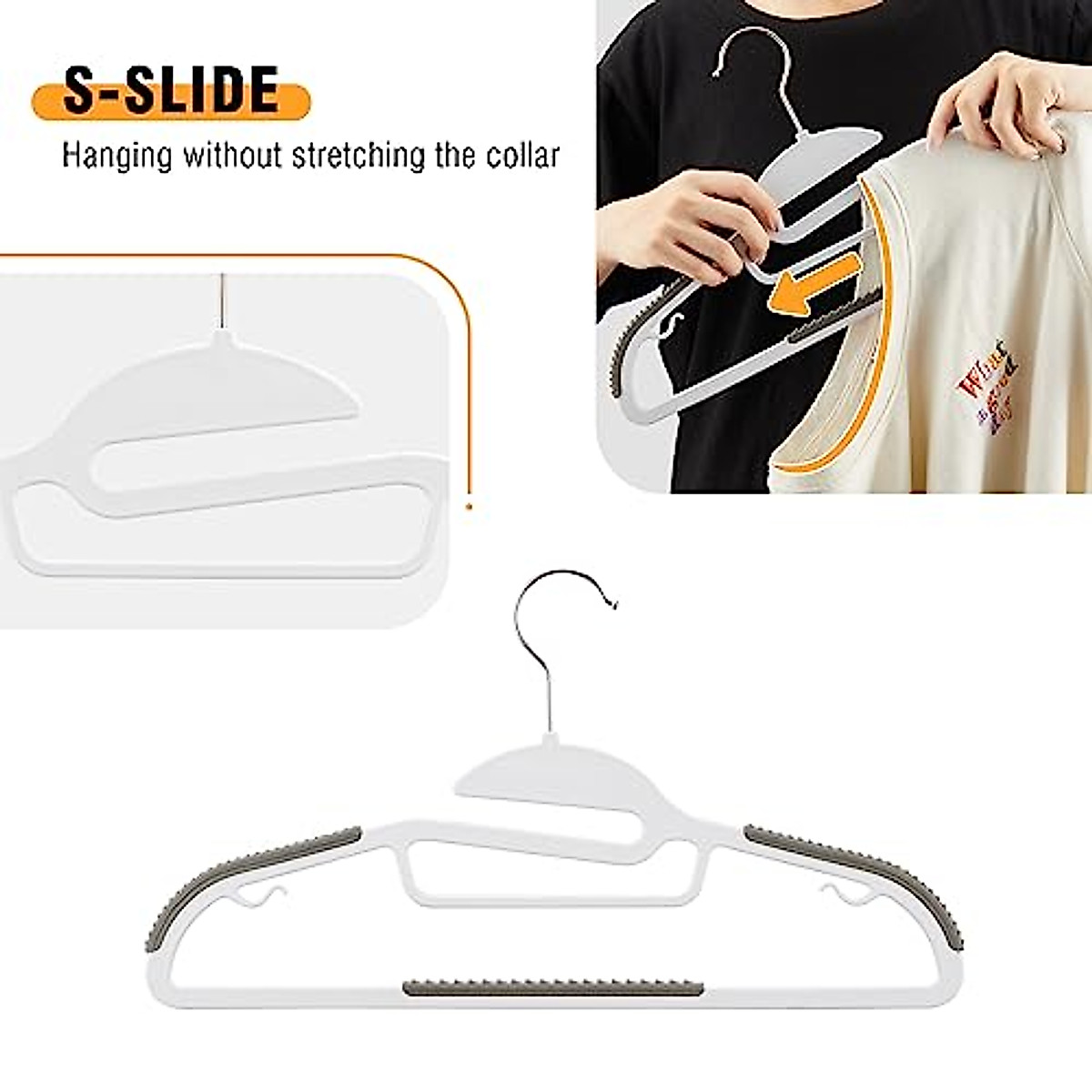 TECHMILLY 30 Pack S-Slide Plastic Hangers, Heavy Duty, Non Slip Space Saving Protect Collar Design Coat Hanger with 360° Swivel Hook, Clothes Organizer for Closet Grey