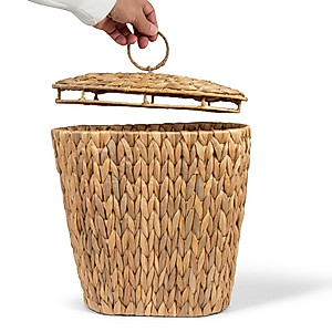 SNOWECRAFT 2-Pack Slim Wicker Basket with Lid – Small Waste Basket for Narrow Spaces | Rattan Decor - Handwoven Water Hyacinth Baskets and Covers | Covered Trash Can - Set of Two