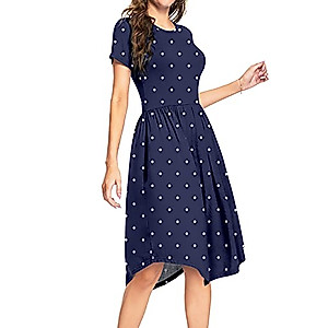 YUNDAI Ladies Knit Cotton Polka Dot Teacher Flowy Swing Knee Length Dress Medium, Dot Navy