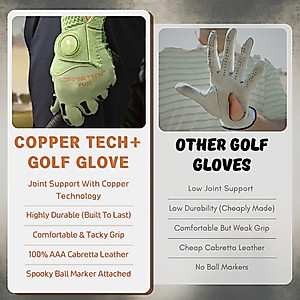 XEIRPRO Copper Tech Men's Golf Gloves - Skeleton Pattern with Ball Marker – Perfect for Summer - Copper Infused Mens Golf Gloves (Green/Black, XL, Left)