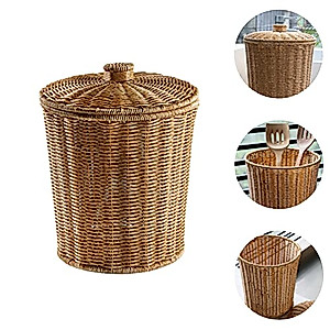 YARNOW Plastic Woven Storage Baskets with Lid, Round Wicker Waste Paper Basket, Wastebasket Garbage Bin with Lid for Bedroom Bathroom Kitchen Home Office (9.2 x 11 Inch, Light Brown)