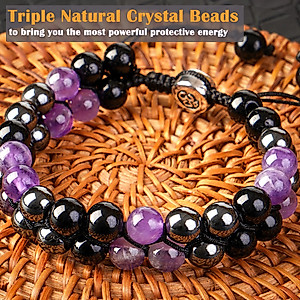 Triple Protection Bracelets for Men Women, Genuine Amethyst Black Obsidian Hematite 8mm Beads Bracelet, Handmade Natural Stone Bracelets for Protection Healing Balance Birthday Anniversary Gift