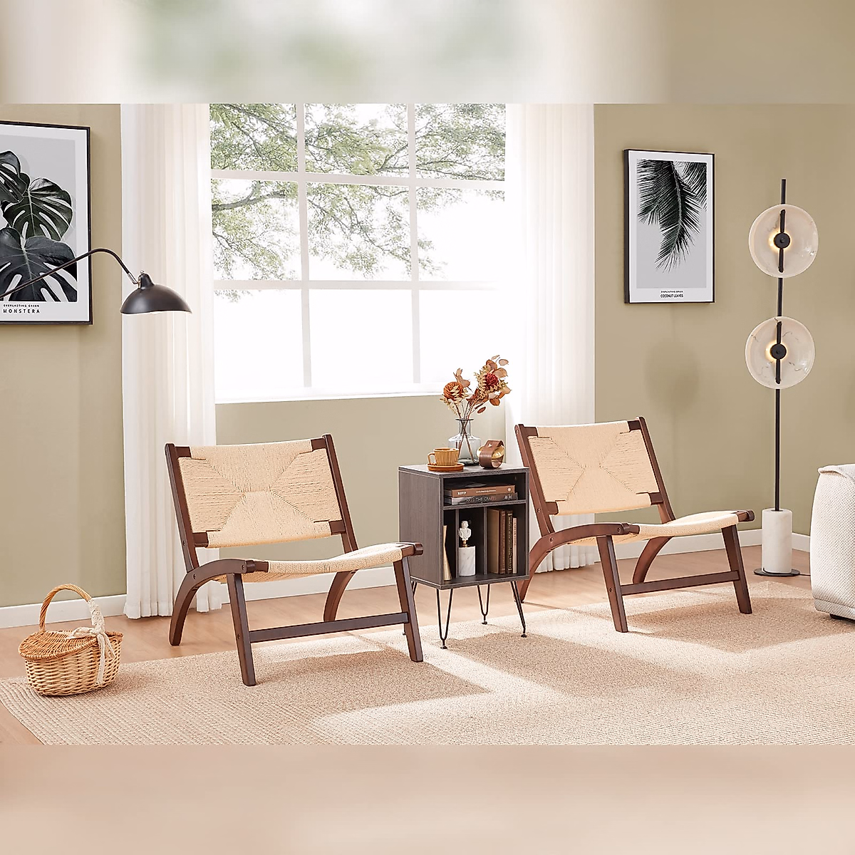 Modern Boho Accent Chairs for Living Room,Mid Century Lounge Chair,Side Chair Indoor Scandinavian Cognac Natural Wood Beech Braided Jute Woven Weave Paper Rope Seat Accent Chair