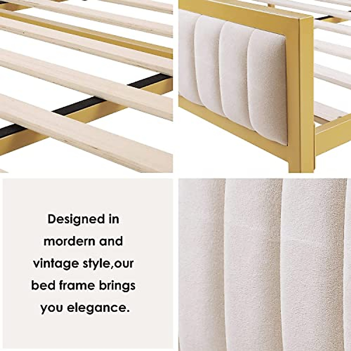HIFIT Queen Size Bed Frame, Queen Bed Frame with Headboard, Heavy Duty Metal Foundation, Upholstered Bed Frame with Velvet Tufted Headboard, Wood Slat Support, No Box Spring Needed, Gold & Ivory White